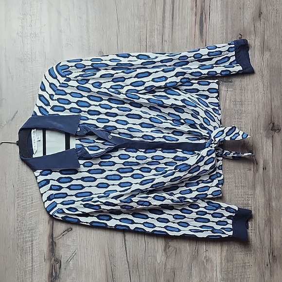 Trina Turk | Tops | Trina Turk Blue Pattern Tie Front Silk Blouse ...